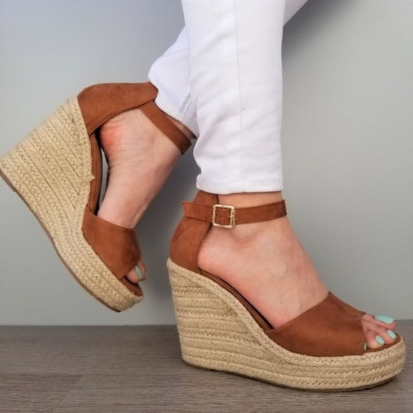 Shoes | Tan Suede Espadrille Wedge Heel Sandals | Poshmark